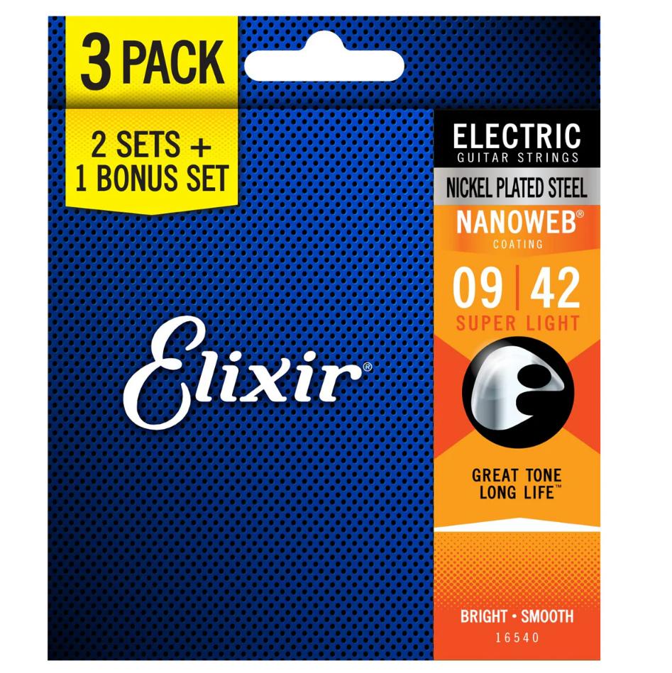 Elixir 16540 Electric Super Light Nickel Plated Steel Nanoweb 9-42 3 ...