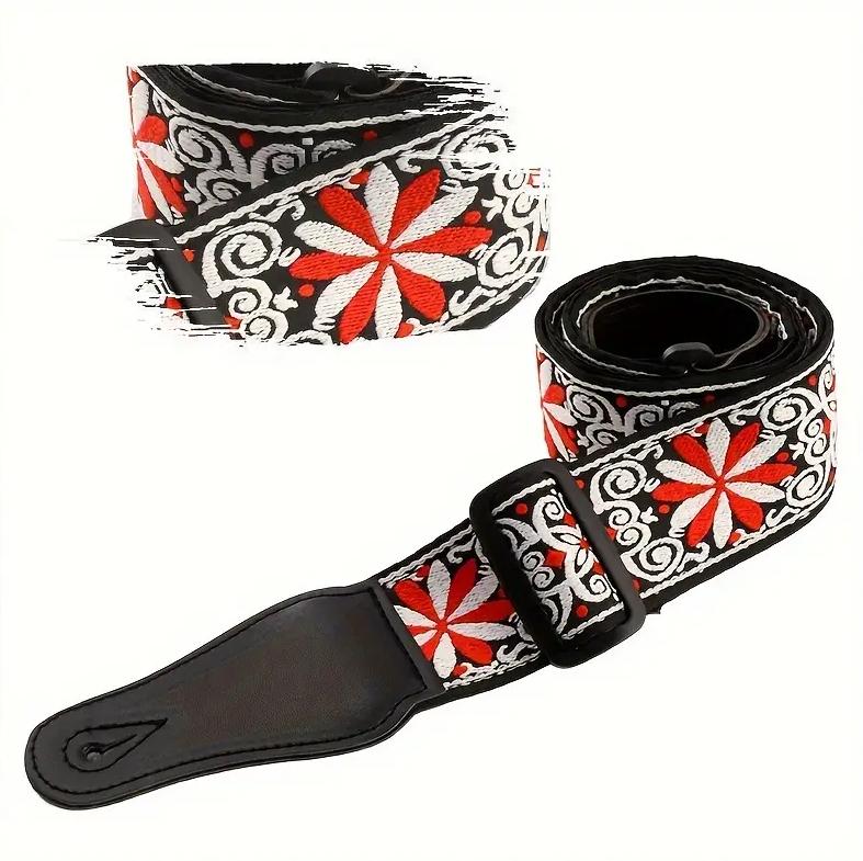 Red Round Flower Design Embroidered Guitar Strap
